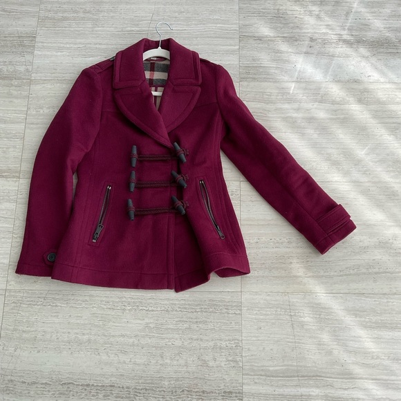 Burberry | Jackets & Coats | Bruberry Wool Toggle Burgundy Red Coat ...